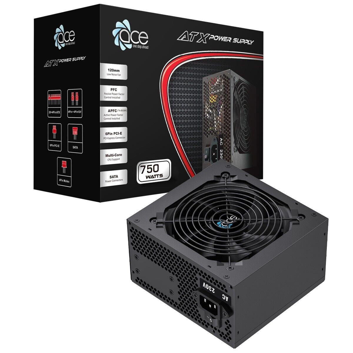 New ACE A-750BR-BLK 750W ATX Computer Power Supply PSU with 120mm Fan ...